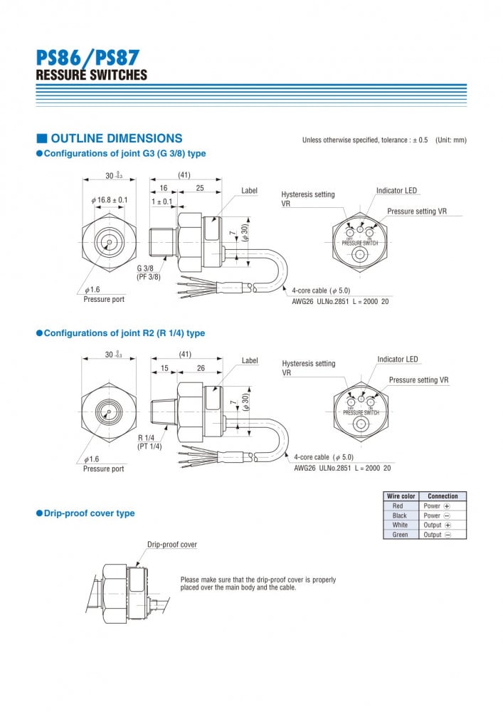 Nidec PS86 PS87 pressure switch datasheet page 4