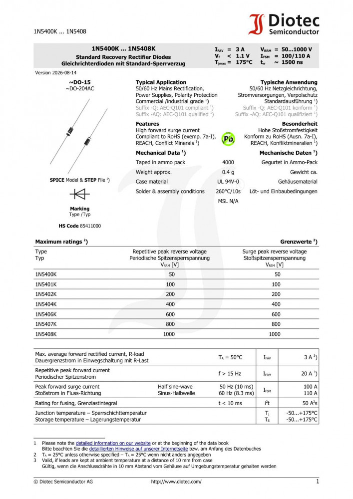 DIOTEC 1N5404K datasheet image 1