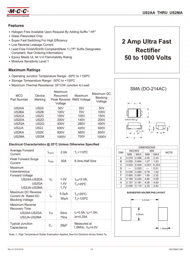 MCC US2MA-TP datasheet page 1