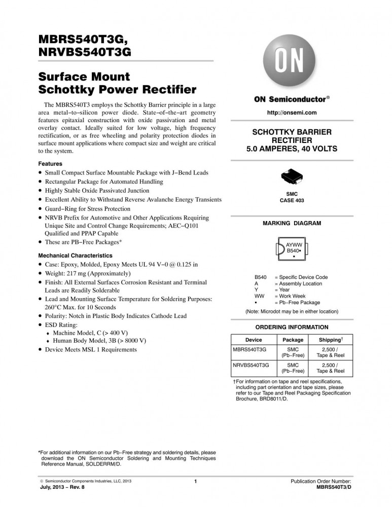 MBRS540T3G technical document page 1