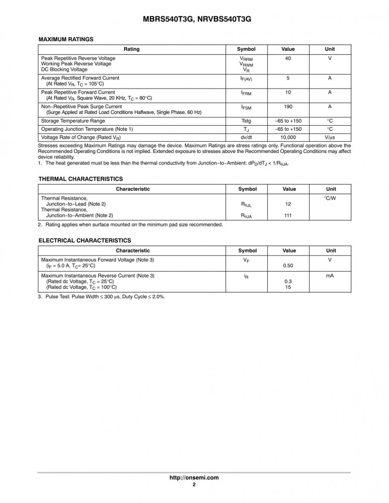 MBRS540T3G technical document page 2
