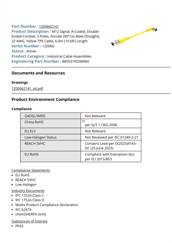 MOLEX cordset drawing image, page 1