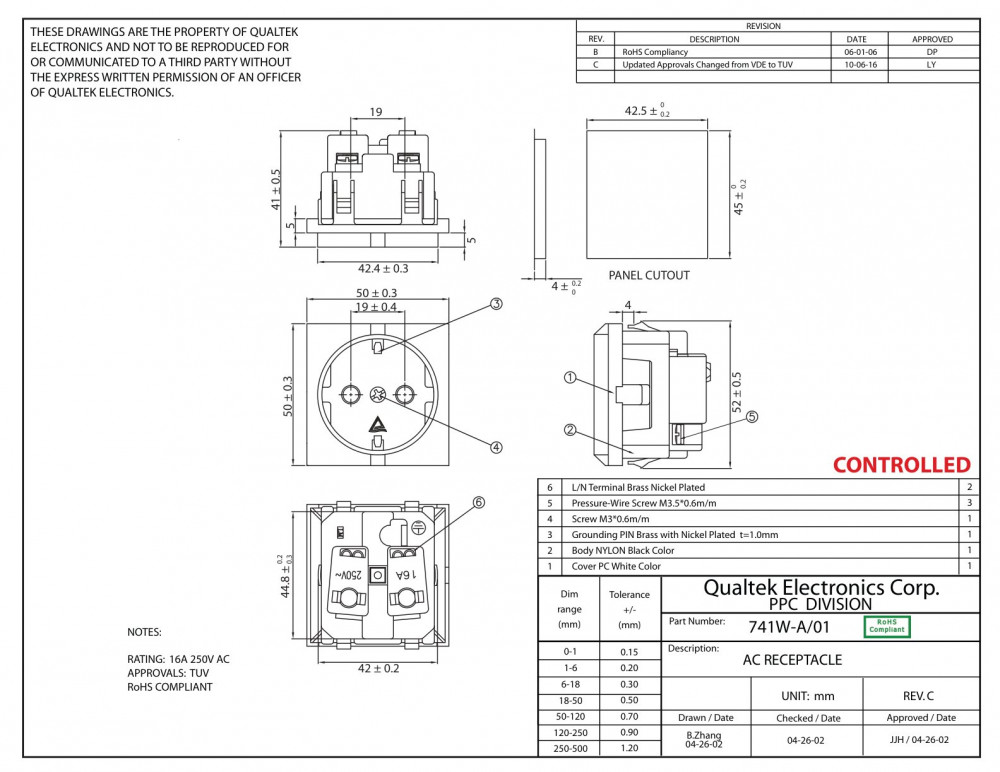 741W-A/01 AC receptacle product drawing