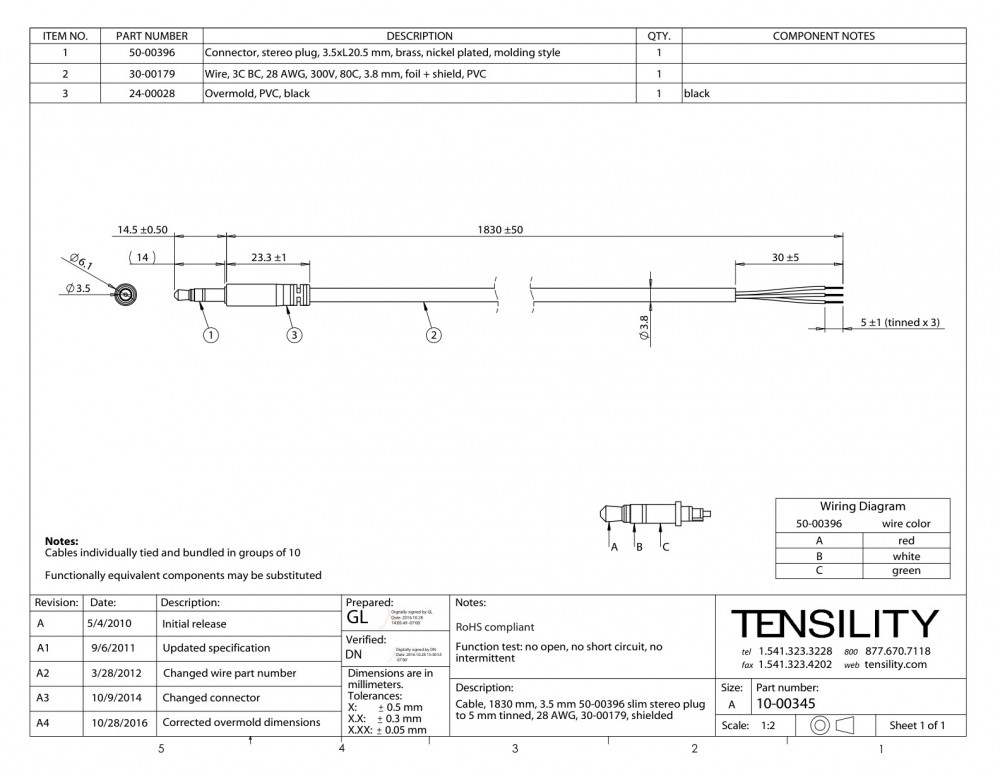 Tensility International product drawing for model 10-00345