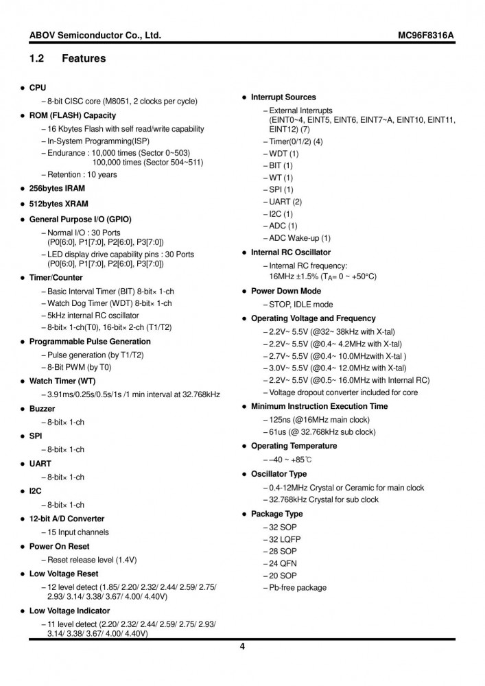 MC96F8316AMBN datasheet page 4