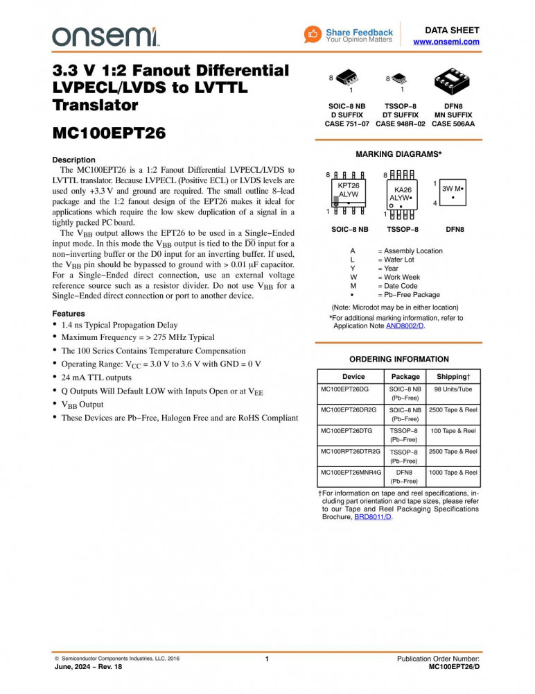MC100EPT26 documentation page 1