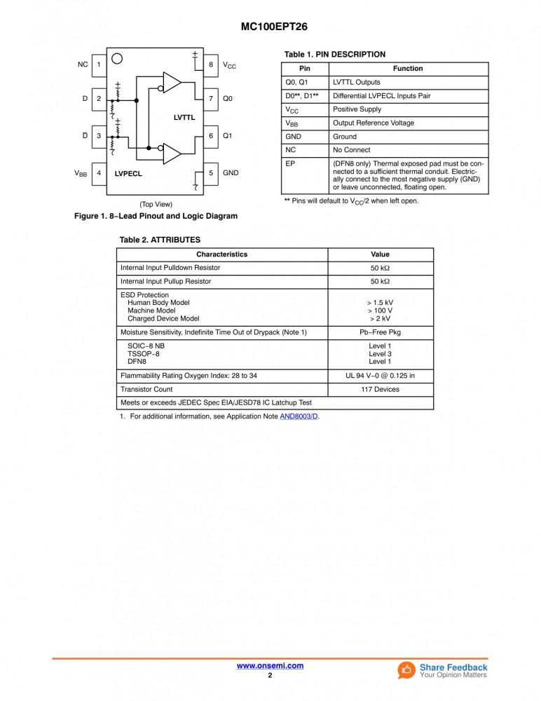 MC100EPT26 documentation page 2