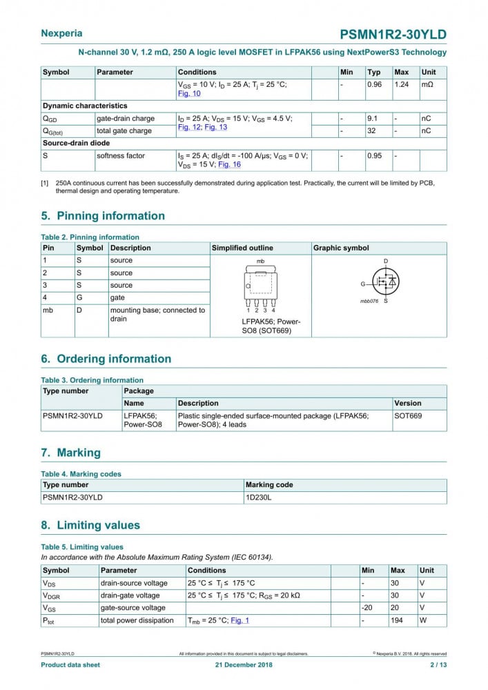 PSMN1R2-30YLD datasheet page 2