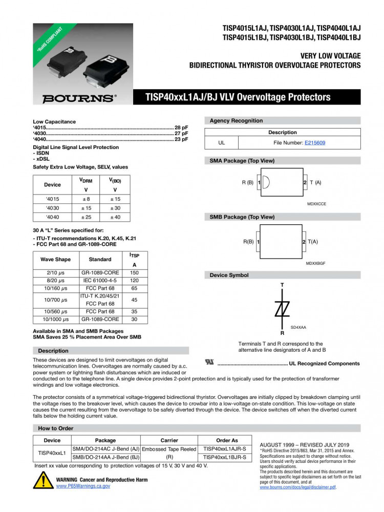 TISP4030L1AJR-S datasheet page 1