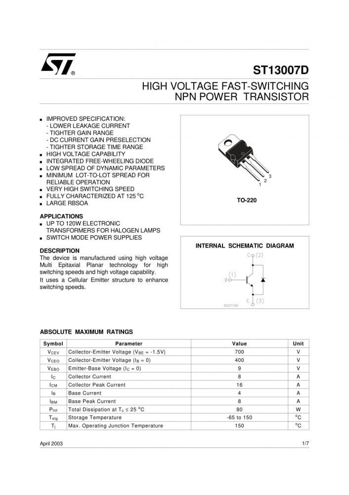 ST13007D datasheet page 1