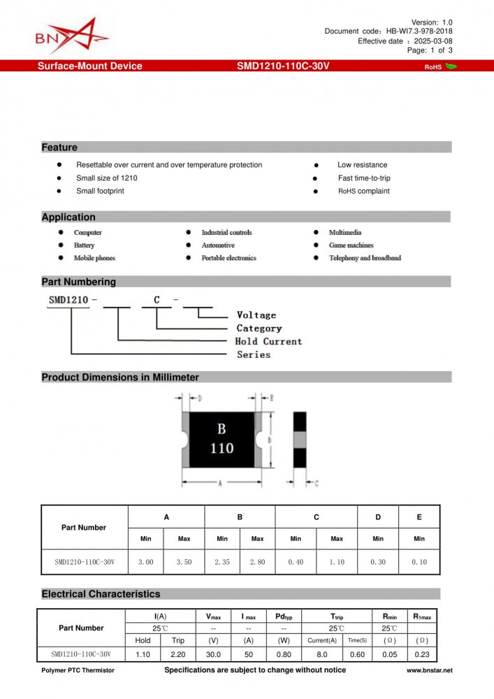 BNstar SMD1210-110C-30V datasheet page 1