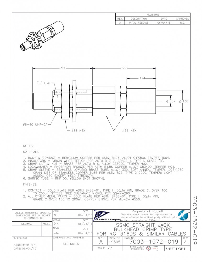 Radiall 7003-1572-019 technical drawing page