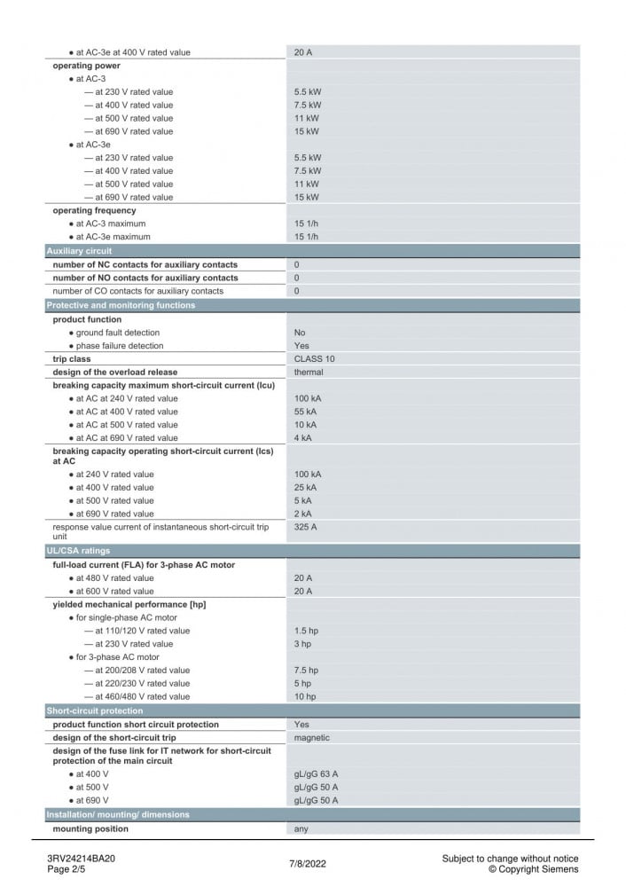 3RV24214BA20 datasheet page 2