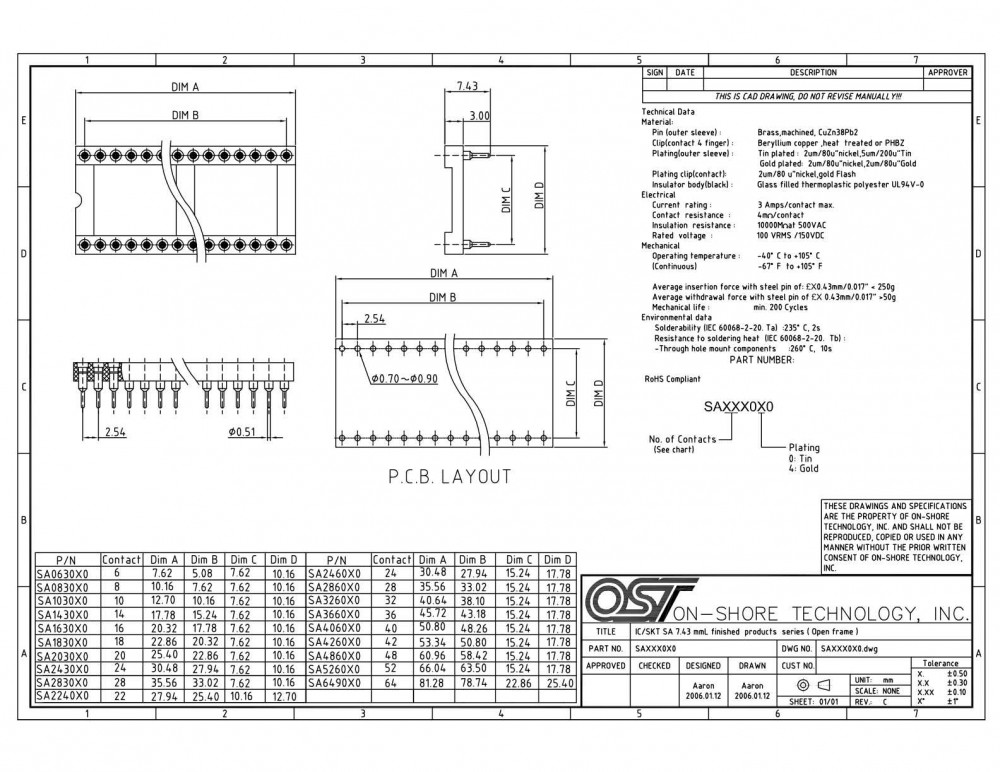 SA series open-frame IC socket technical drawing