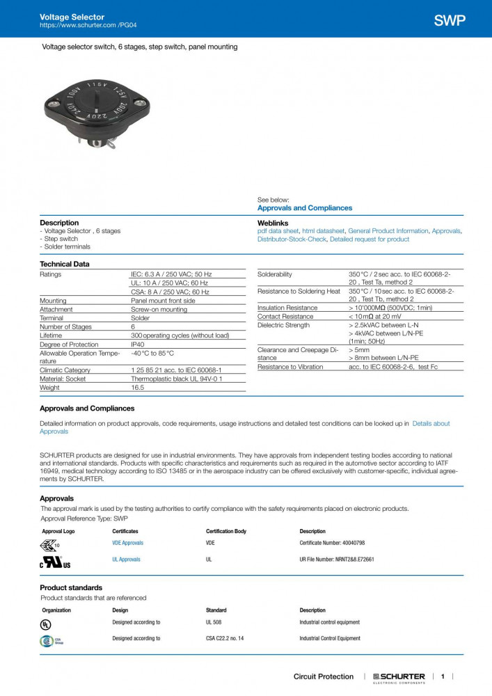 Technical documentation page 1 for selector switch 0033.1104