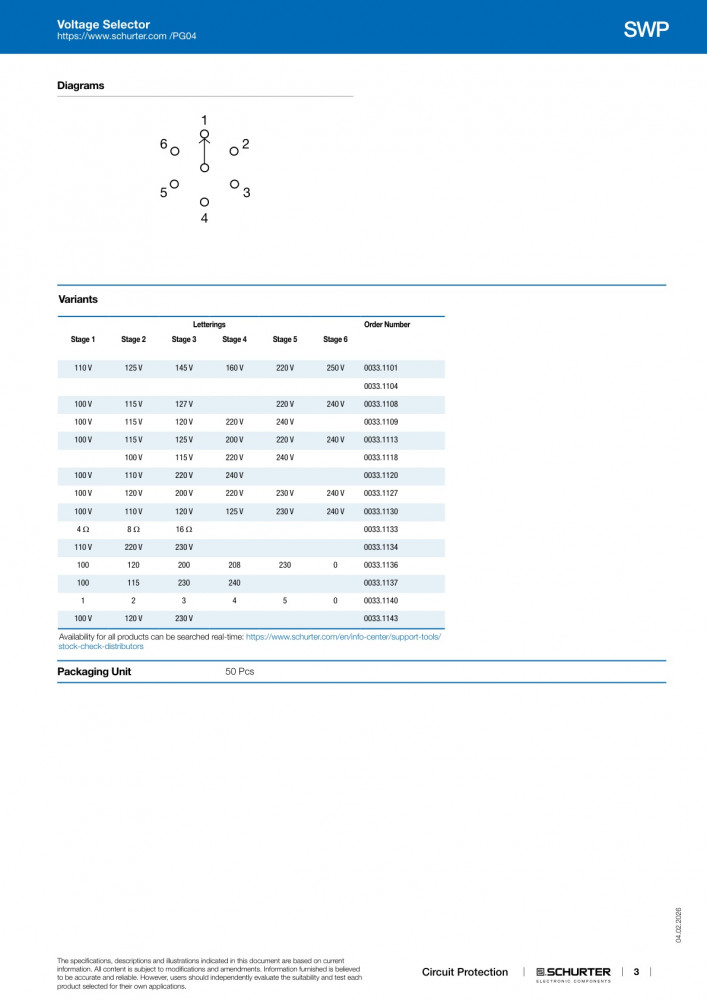 Technical documentation page 3 for selector switch 0033.1104