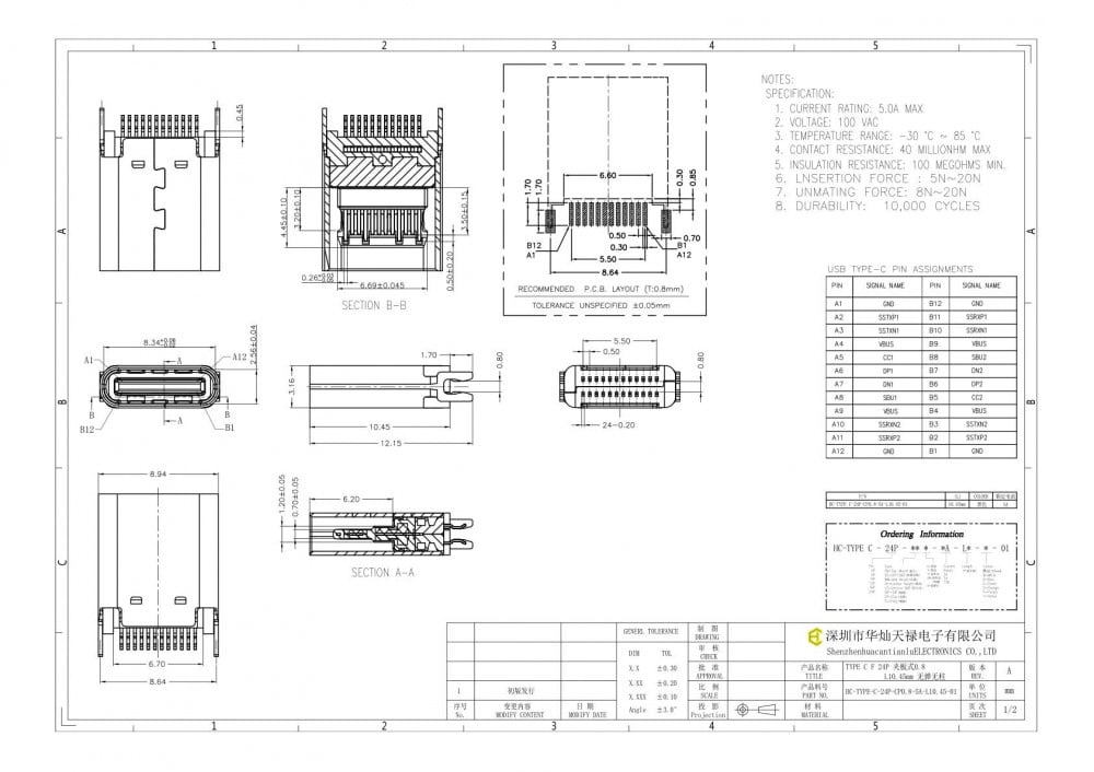 HCTL HC-TYPE-C-24P-CP0.8-5A-L10.45-01 technical drawing page 1