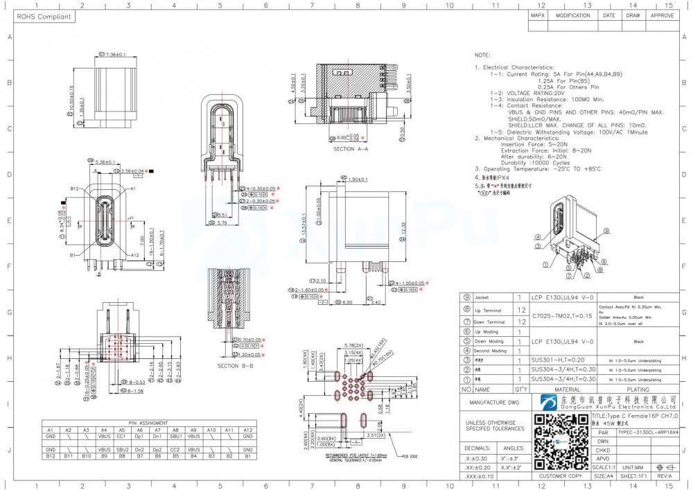 XUNPU TYPEC-313DCL-ARP16X4 product drawing page