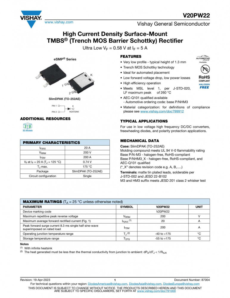 V20PW22 datasheet page 1