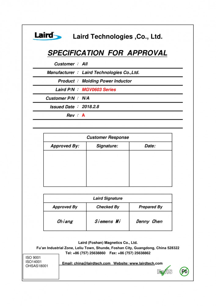 Laird MGV0603 specification page 1