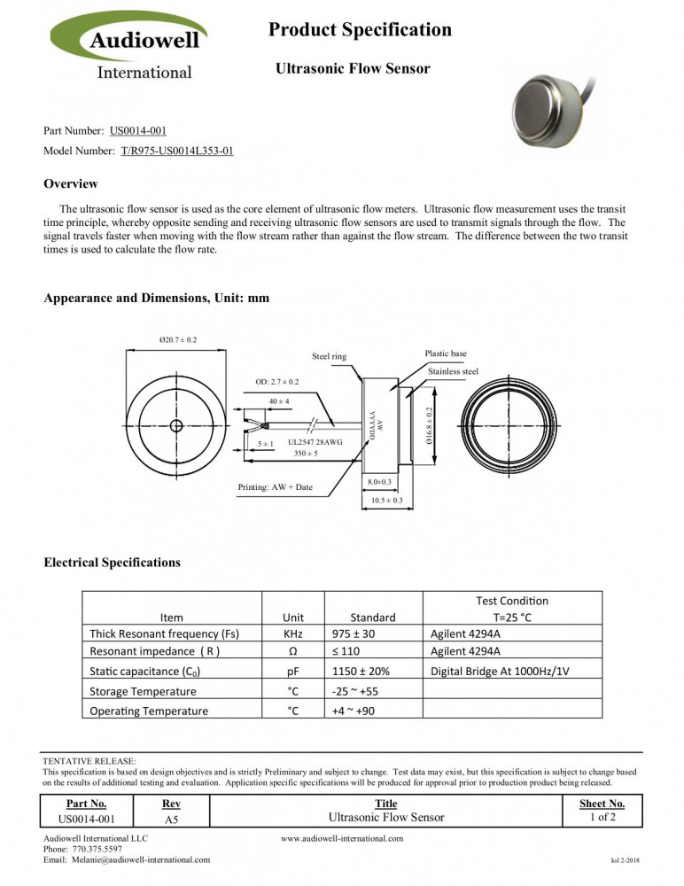 Audiowell US0014-001 datasheet page 1