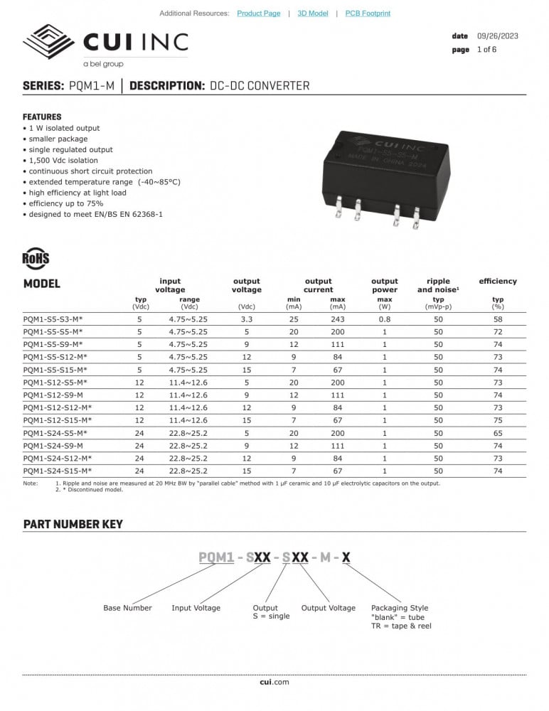 CUI PQM1-M datasheet page 1