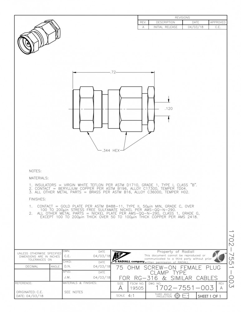 Radiall drawing for 1702-7551-003, 75 ohm screw-on female clamp-type plug