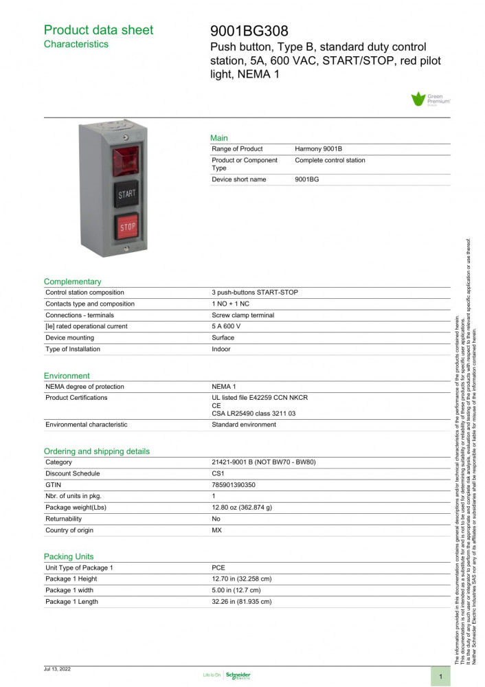 9001BG308 technical document page 1