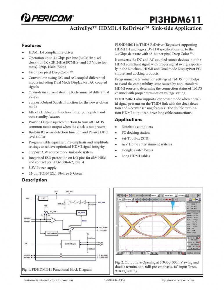 PI3HDMI611 functional block diagram and technical document page