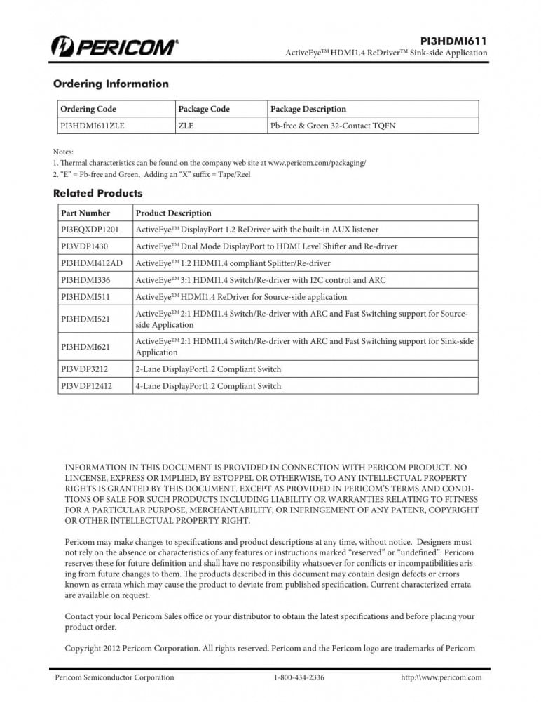 PI3HDMI611 application and ordering information document page