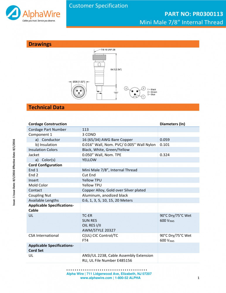 Alpha Wire PR0300113 YL355 technical drawing page 1