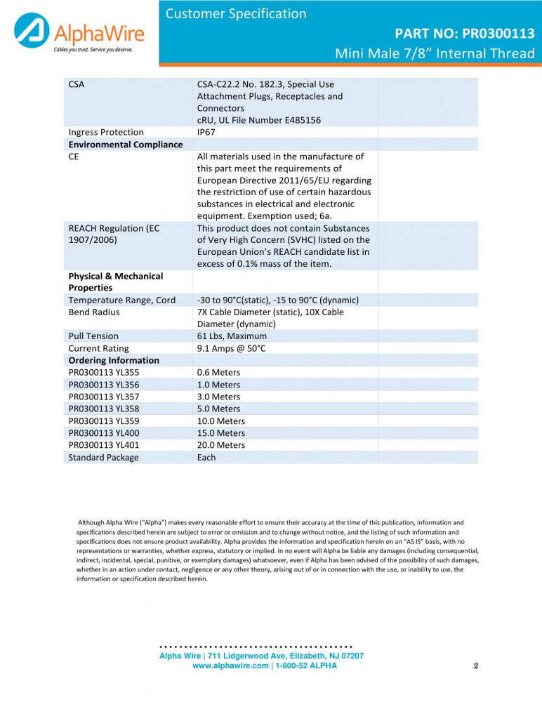 Alpha Wire PR0300113 YL355 technical data page 2