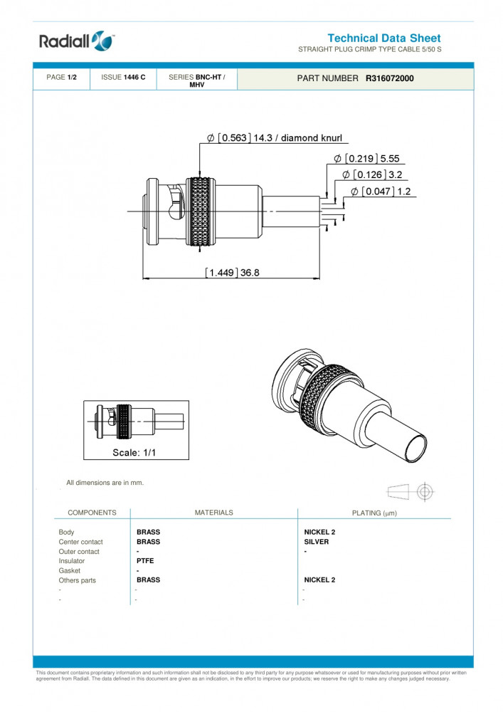 Radiall R316072000 product drawing and material details