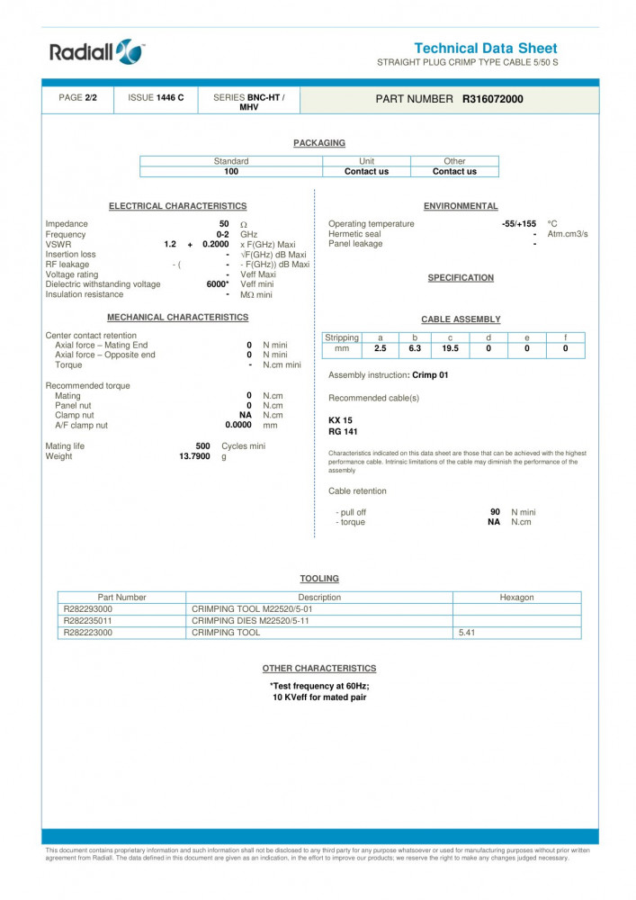 Radiall R316072000 electrical, mechanical and environmental characteristics