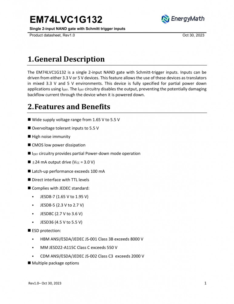 EM74LVC1G132 datasheet page 1