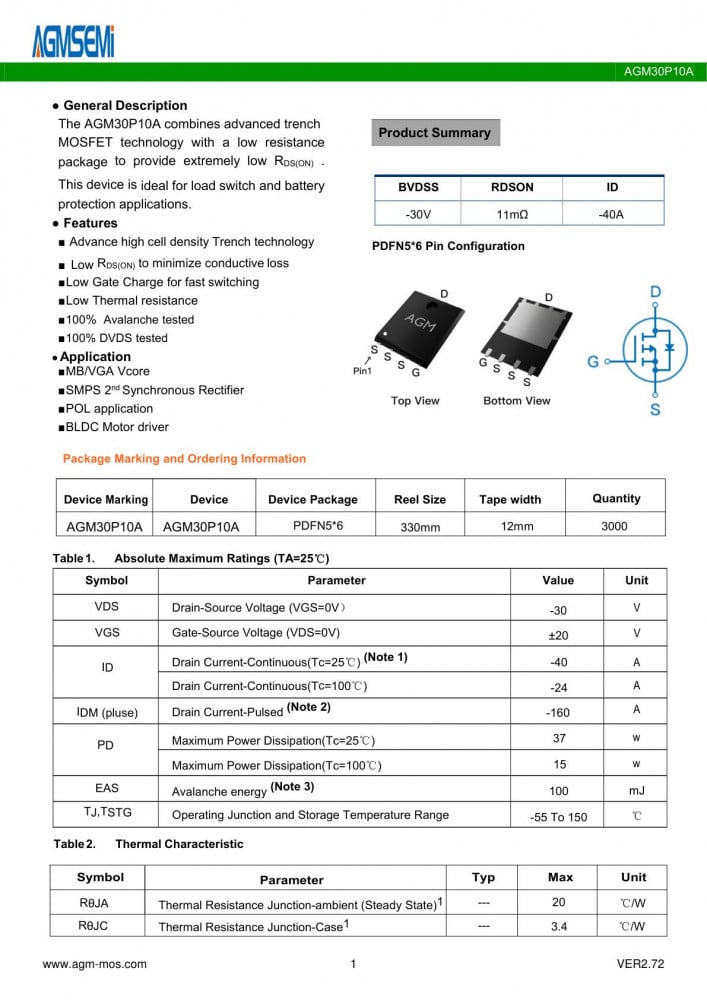 AGM30P10A datasheet page 1