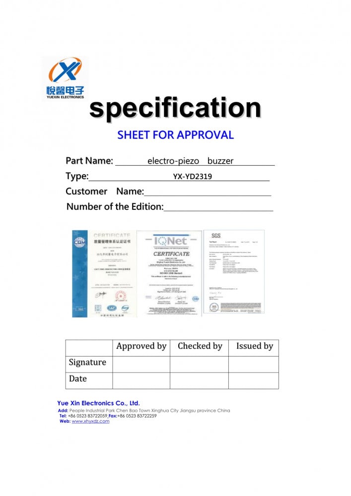 YUEXIN YX-YD2319 approval sheet page 1
