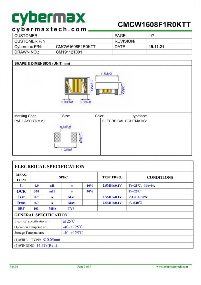 CMCW1608F1R0KTT qualification page 3