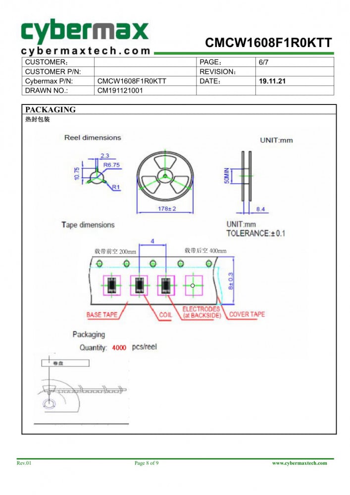 CMCW1608F1R0KTT packaging page 8