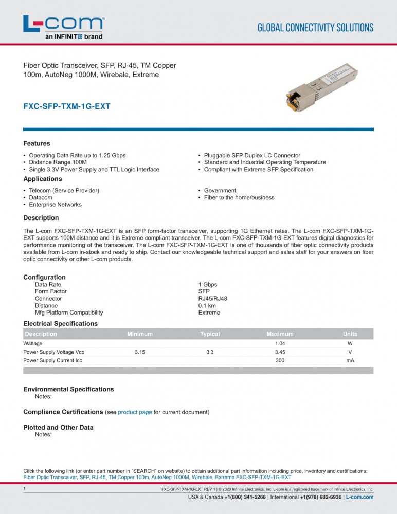 FXC-SFP-TXM-1G-EXT datasheet page 1