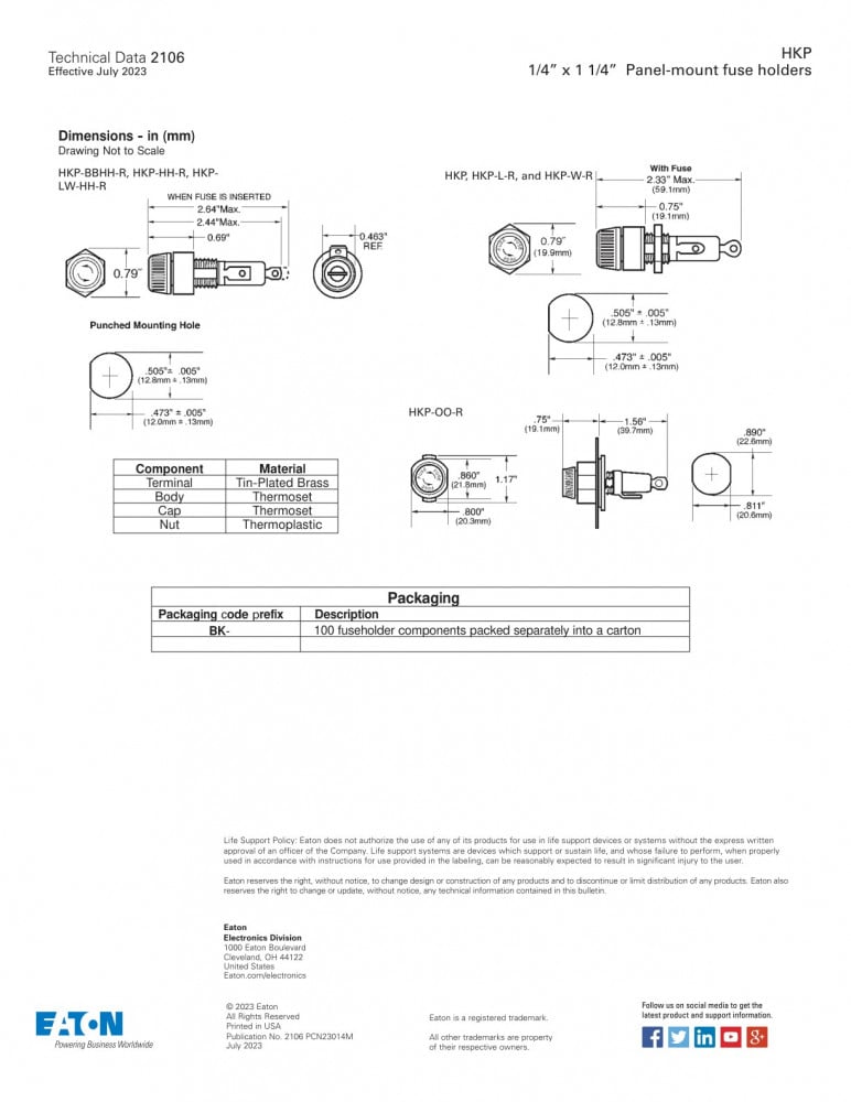 EATON BK/HKP-R dimensional and materials page