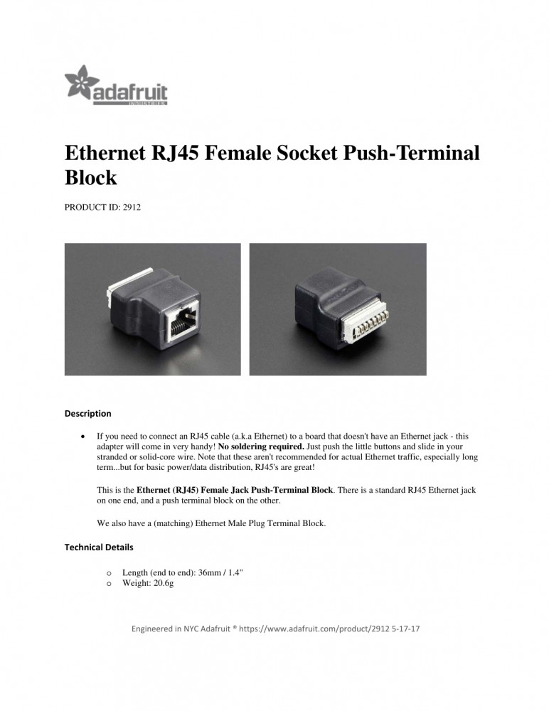 Adafruit 2912 Ethernet RJ45 Female Socket Push-Terminal Block technical reference image