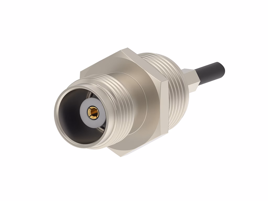 TNC Jack, Straight, Bulkhead, Crimp, RG-174, RG-188 and RG-316 Cable, Brass Body, Tri-Metal Plated, IP68, 50 Ohms