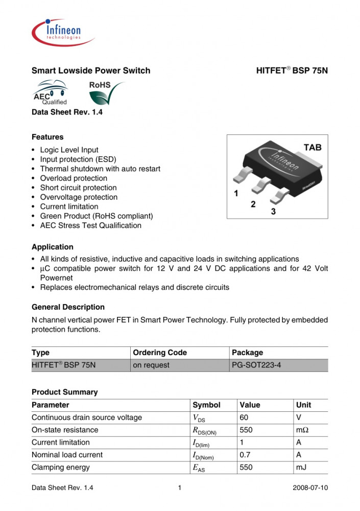 BSP75N datasheet page 1