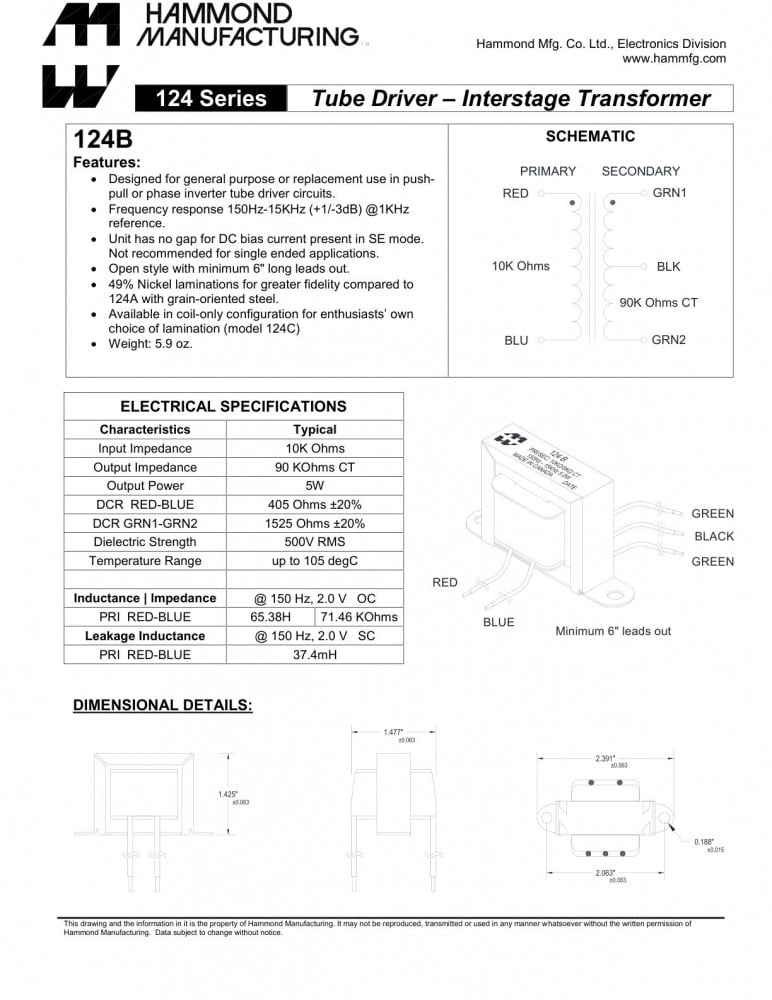 Hammond 124B technical specification and schematic page