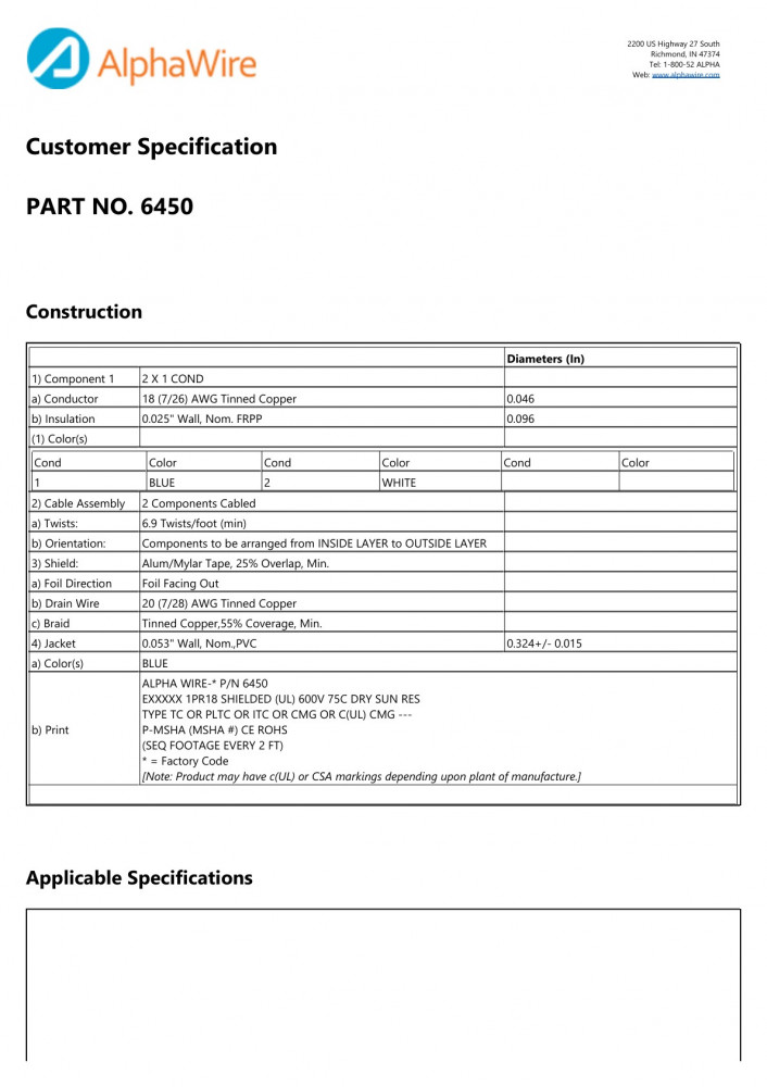 Alpha Wire 6450 specification page 1