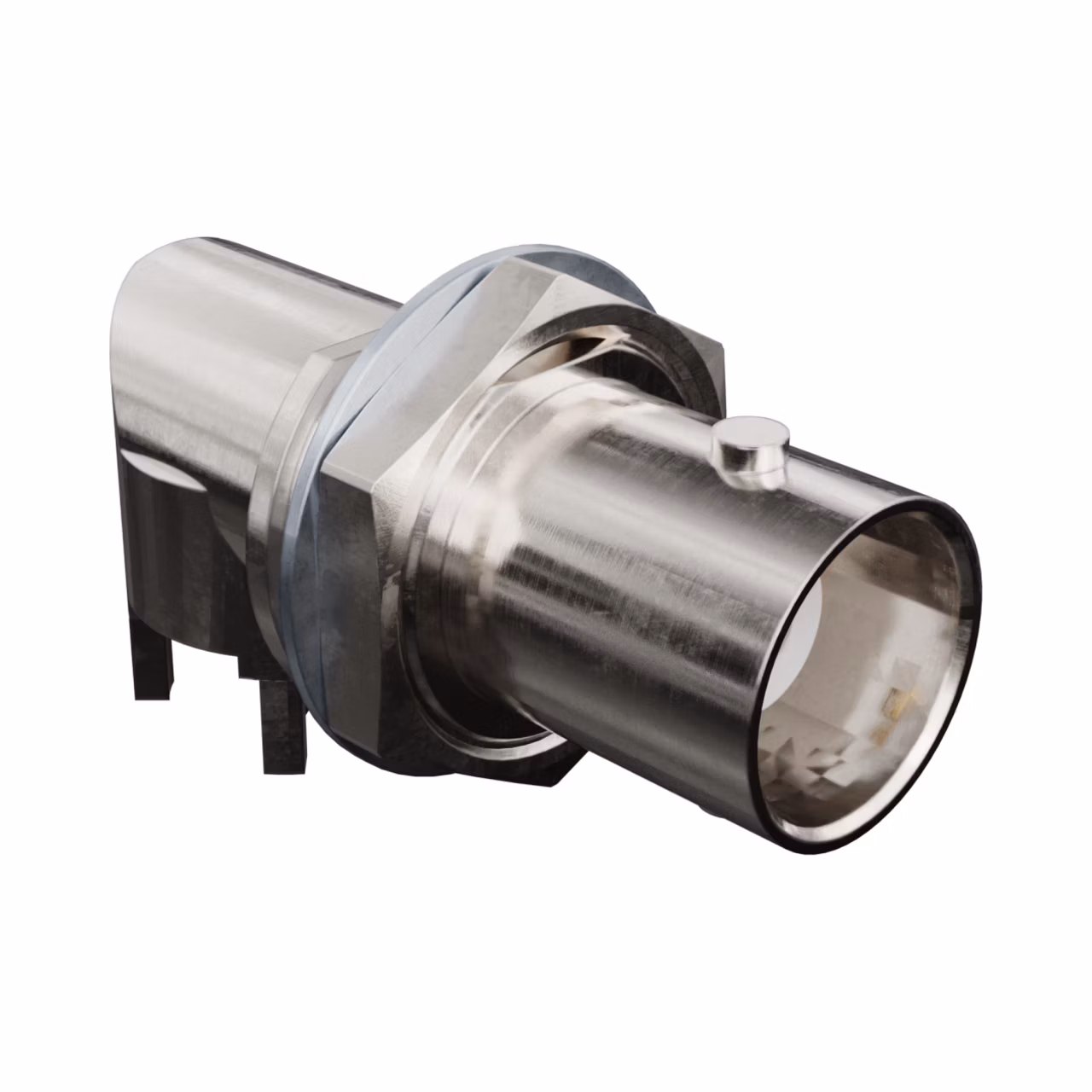 BNC Jack, Right-Angle, Bulkhead Receptacle, PCB, Die Cast Body, Tin (Sn) Plated, with Washer and Nut, 50 Ohms for sale