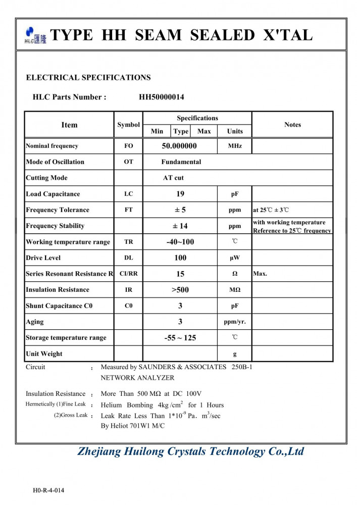 HH50000014 electrical specifications