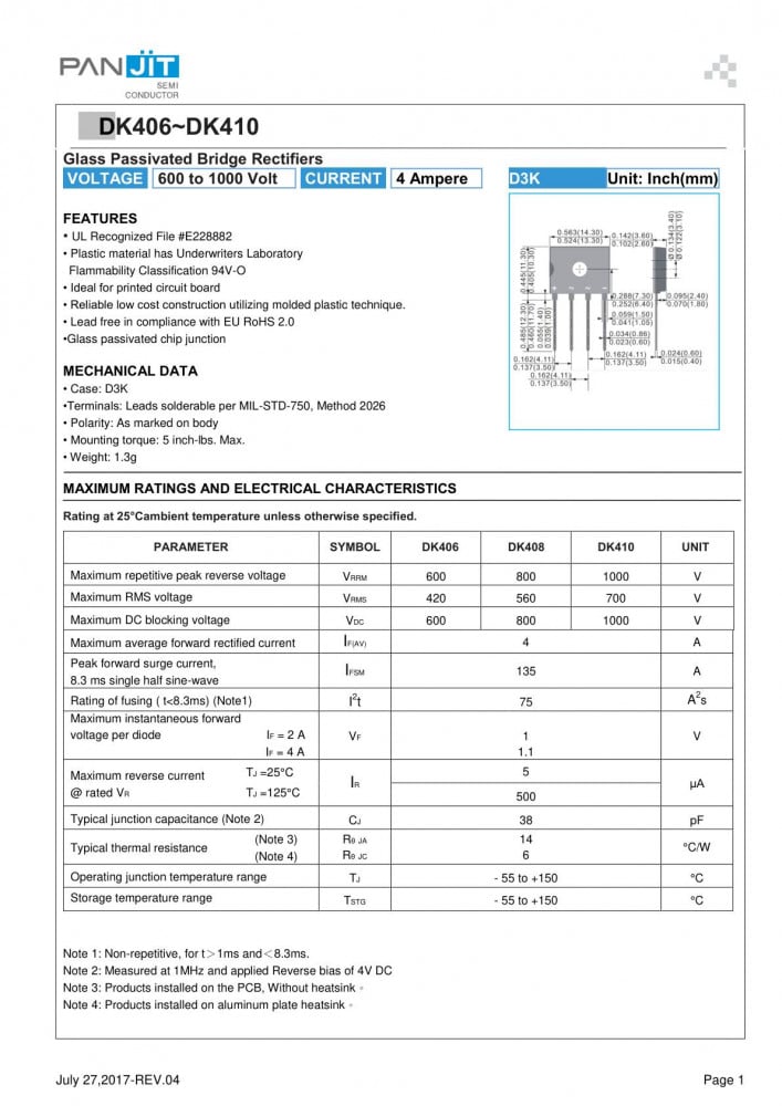 PANJIT DK406 to DK410 datasheet page 1