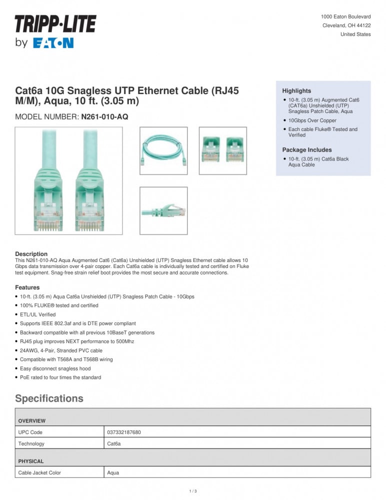 EATON N261-010-AQ technical document page 1